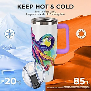 LLUTSNTH 40 Oz Vacuum Tumbler with Violet Handle Leakproof Insulated Tumbler Colorful Octopus Stainless Steel Travel Mug with Lid And Straw Coffee Cup Cute Water Bottles Cup Holder Friendly