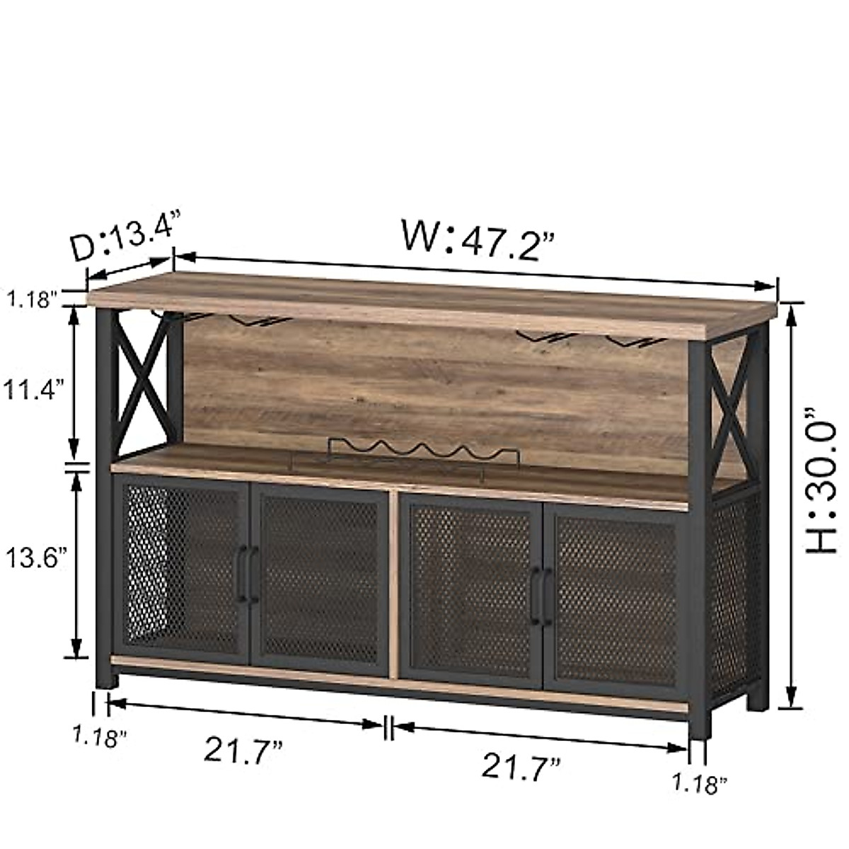 LVB Wine Bar Cabinet, Industrial Sideboard Buffet/Coffee Bar Cabinet for Liquor and Glasses, Farmhouse Metal Wood Rack Cabinet for Home Living Dining Room Kitchen, Rustic Oak, 47 Inch