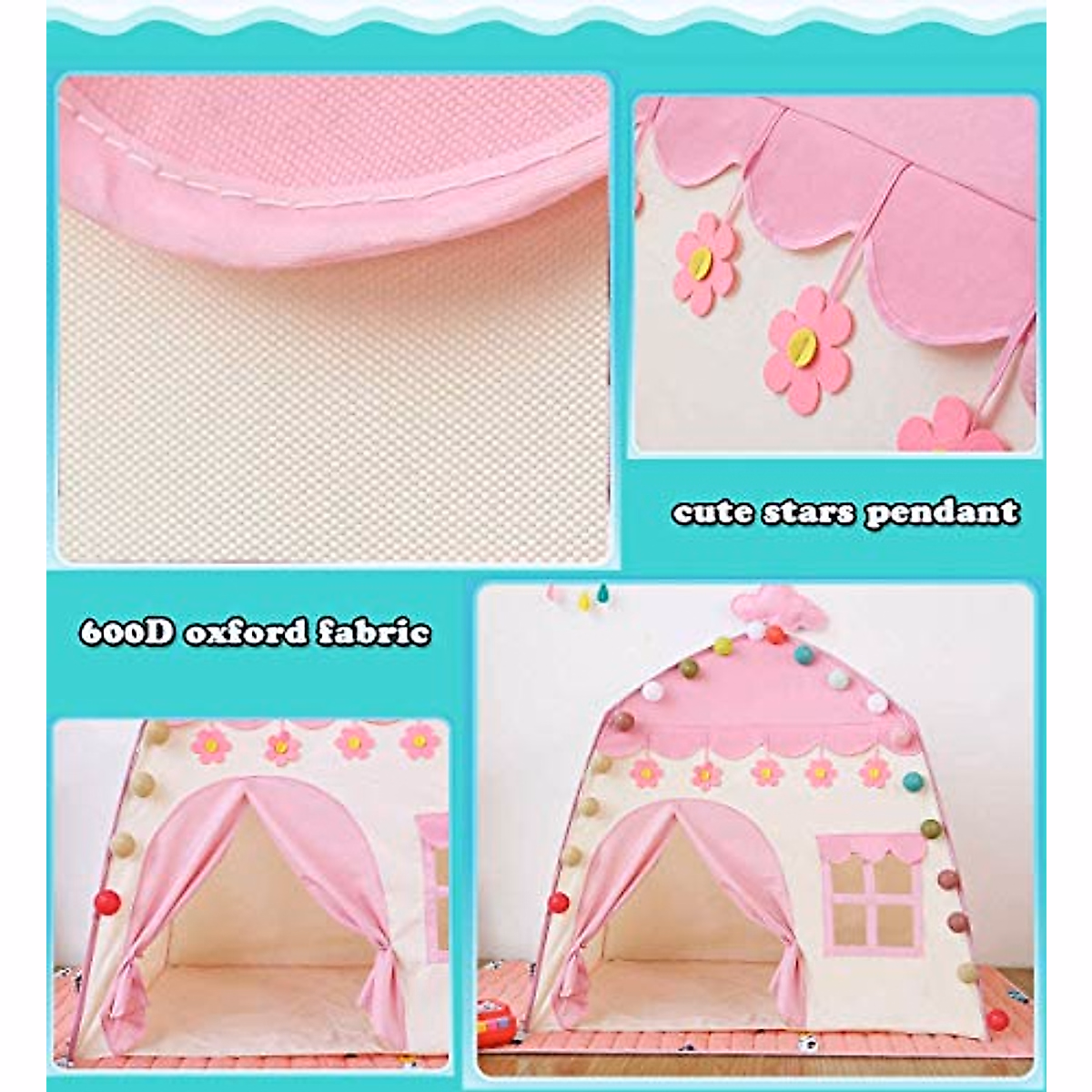 Princess Castle Play Tent with Lights Kids Teepee Tent Large Children Playhouse Oxford Fabric Children Playhouse for Indoor Outdoor with Carry Bag Portable Playhouse Boys & Girls Birthday Gift (Pink)