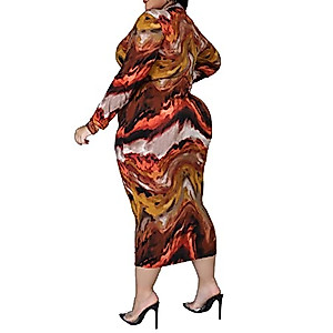 Uni Clau Women Sexy Plus Size Bodycon Dress Floral Print Long Sleeve Midi Dress V Neck Casual Party Dress with Belt Yellow L