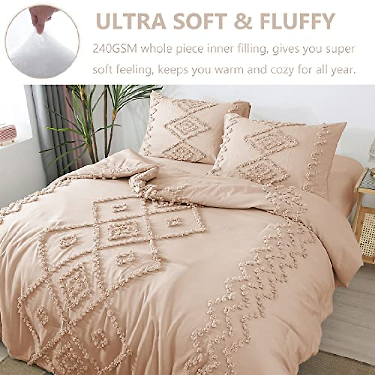 PERFEMET Beige Cream Comforter Set for King Size Bed - 3 Pieces Tufted Boho Farmhouse Bedding Set, Geometric Fluffy Rustic Bed Set for Bedroom