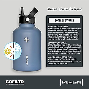 GOFILTR 50 oz Alkaline Water Bottle With Straw Lid + Two 9.5 ph Alkaline Water Infusers/Sport Insulated Water Bottle Jug/Creates Alkaline Water, Color: Glacier