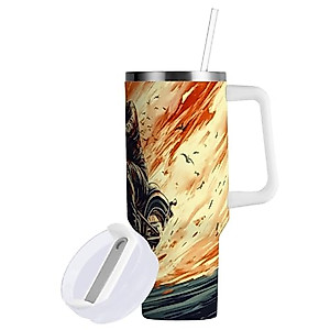 Jihqo Retro Skeleton Motorcycle 40 oz Stainless Steel Vacuum Insulated Tumbler with Handle and Straw Lid, Leakproof Water Bottle Double Wall Travel Mug Coffee Cup, Cupholder Friendly