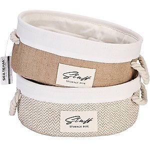 Sea Team 2-Pack Small Jute and Canvas Storage Baskets with Cotton Rope Handles - Ideal for Toiletries, Toys, Sundries, Desk Gadgets