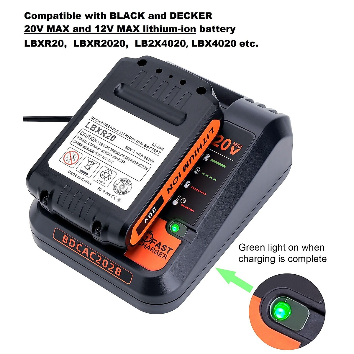 2 Amp Fast Charger Replacement for Black & Decker 20V MAX Lithium Battery Charger BDCAC202B,Compatible with Black and Decker 12V 20V Lithium Battery LBXR20 LBXR2020 LBX12 LBXR4020