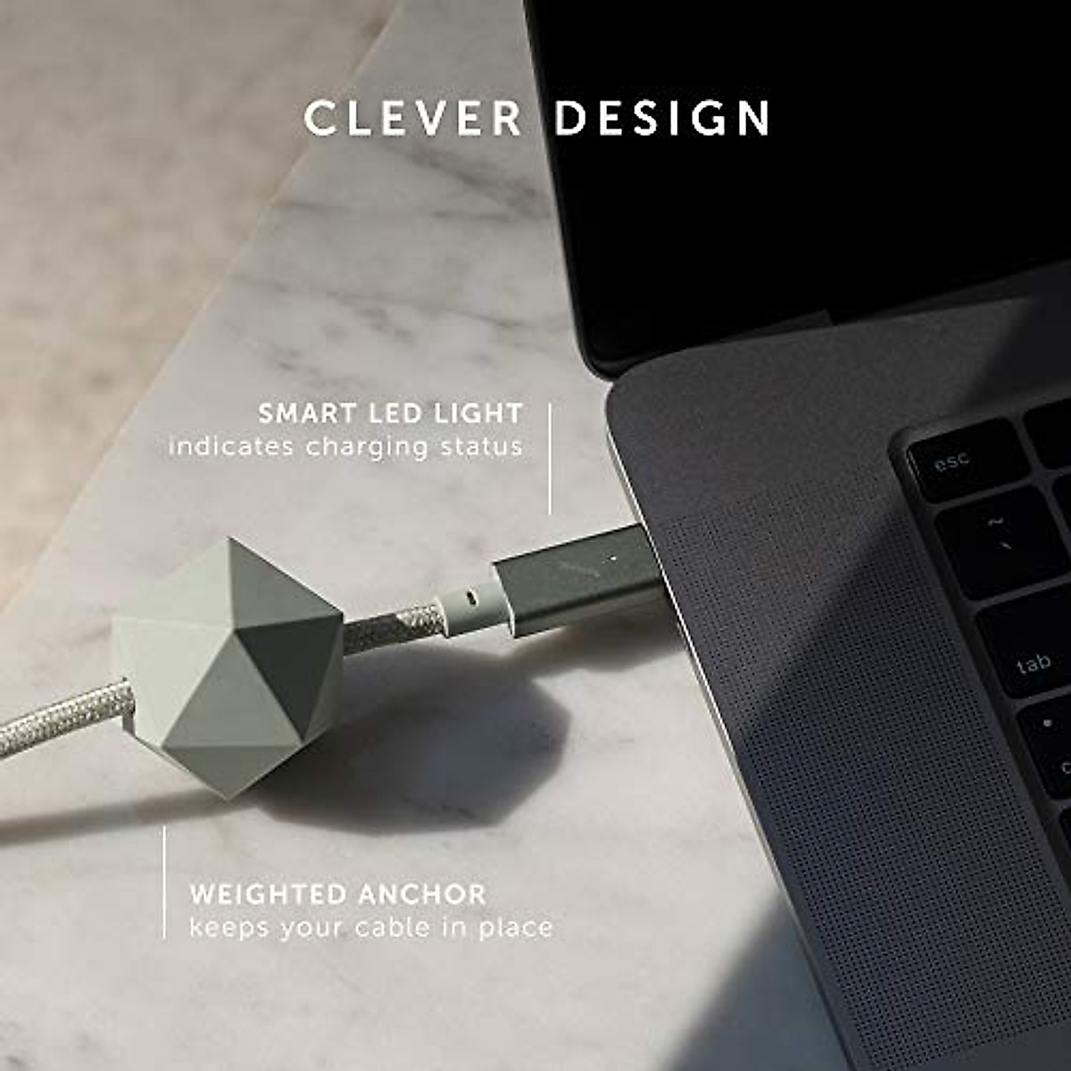 Native Union Type-C Desk Cable – USB-C to USB-C 8ft Ultra-Strong Non-Slip Charging Cable with Anchor Weight Compatible with iPhone 16, 15, MacBook Pro 13" M1/ M2, Air 13"/15", Surface Go 3 (Sage)