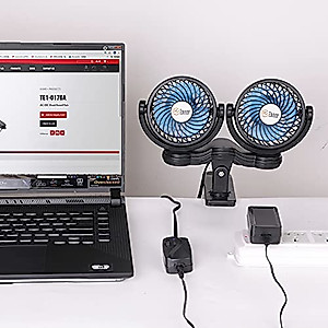 TN TONNY Dual Head Clip Fan, 12V/110V 4 Inches Electric Clip on Fan, 360° Rotatable Adjustable Cooling Air Fan with Stepless Speed Regulation and Brushless Motor for Vehicle or Home