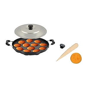 Satre Online And Marketing Non Stick Aluminium Appam Pan with Steel Lid, 12 Pits, Black & Silver