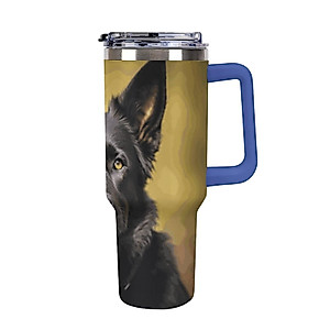 40 Oz Vacuum Tumbler with Deep Blue Handle Leakproof Insulated Tumbler Black German Shepherd Dog Stainless Steel Travel Mug with Lid And Straw Coffee Cup Cute Water Bottles Cup Holder Friendly