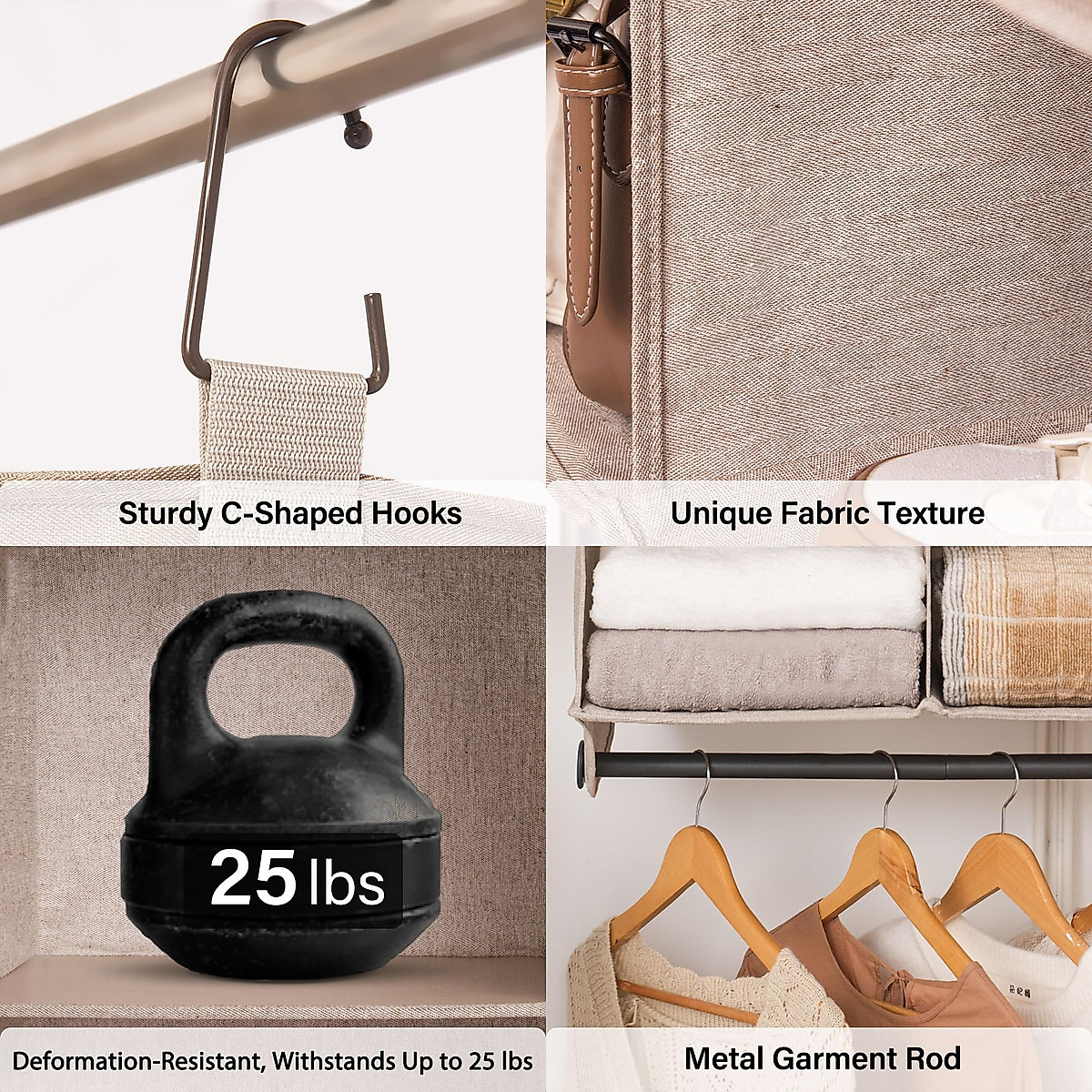 StorageWorks Hanging Closet Organizer with Garment Rod, 4 Section Closet Hanging Shelves, Hanging Clothes Cube Organizer, Mixing of Brown & Beige, 12 ¼" D x 24 ½" W x 28" H