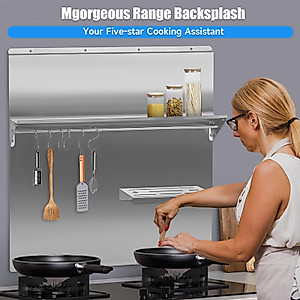 Range Backsplash with Shelf 30 x 30.7 Inch Range Hood Wall Shield Max. 66.14 lbs Load Capacity Stainless Steel Backsplash with Built-in Storage Shelf and Hanging Rack for Kitchen Home Restaurant