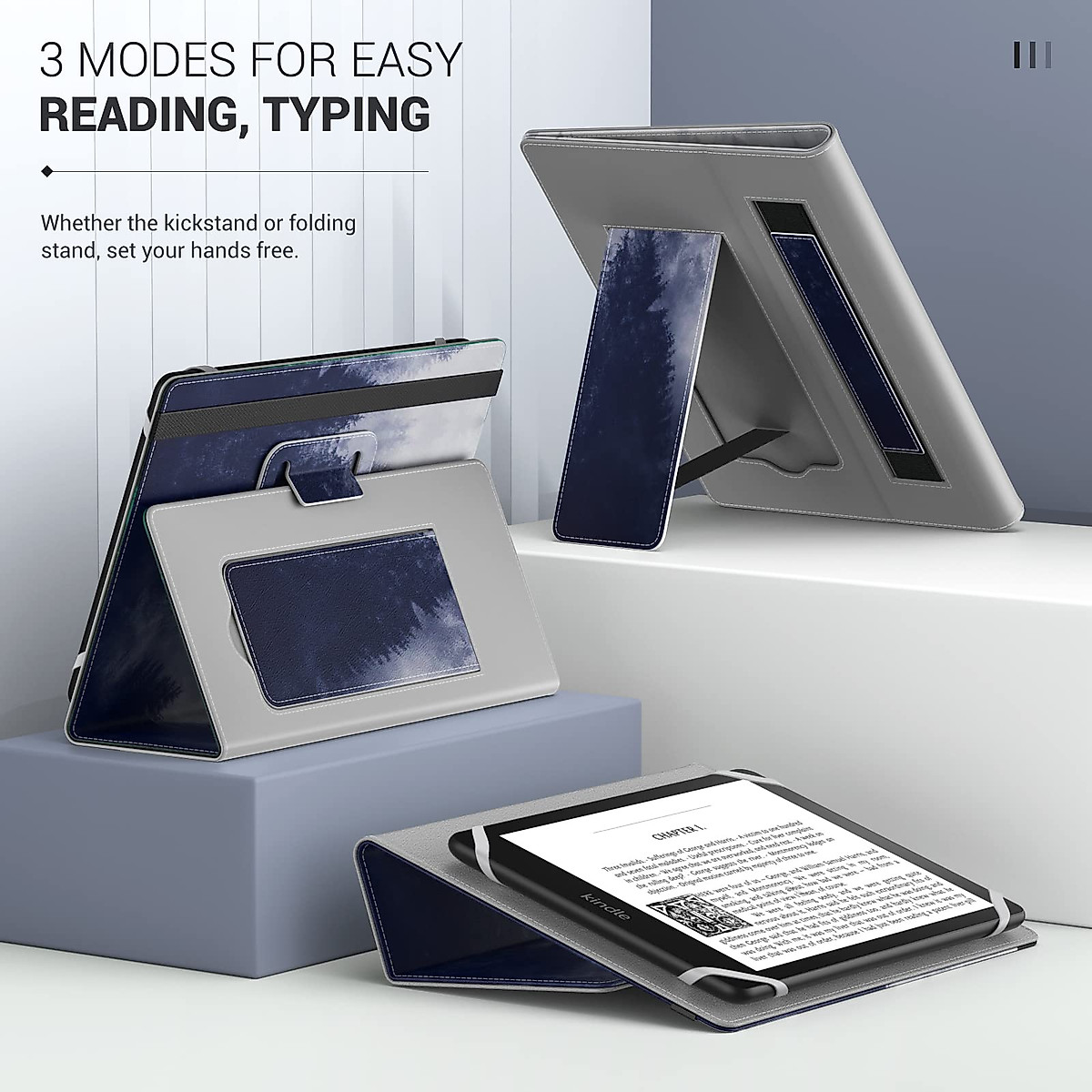 MoKo Universal Case for 6",6.8",7" Kindle eReaders - Kindle/Kobo/Voyaga/Lenovo/Sony Kindle E-Book Reader, Lightweight PU Leather Folio Shell Cover Case, with Hand Strap/Kickstand, Gray Forest