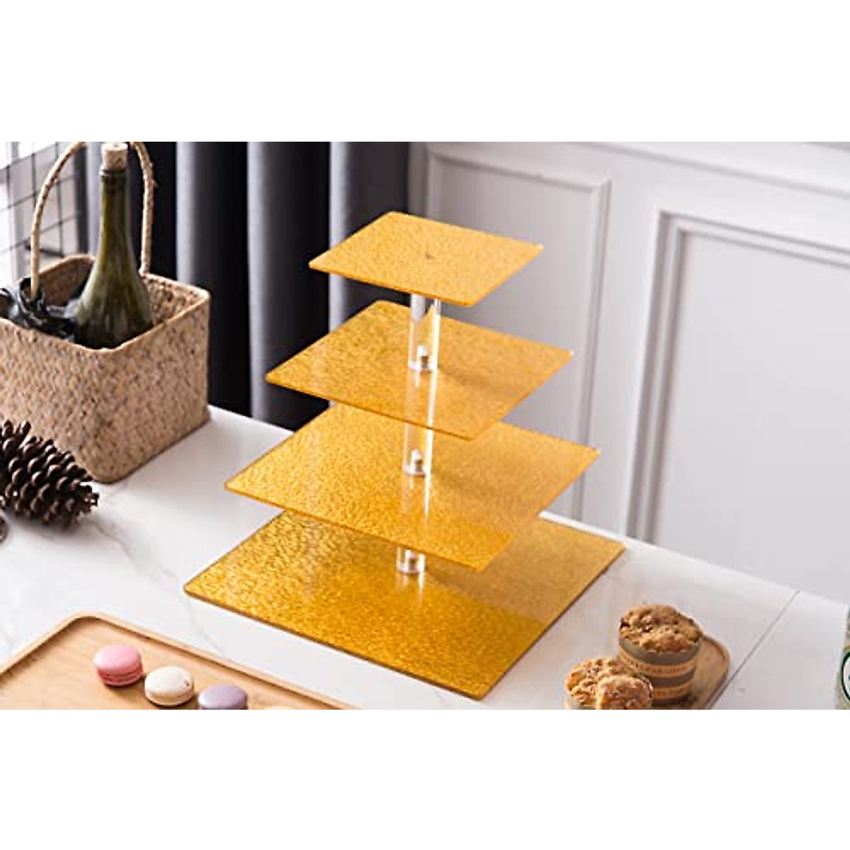 BLBYHO 4 Tier Gold Cupcake Stand, Acrylic Cupcake Tower Display Dessert Stand, Square Cupcake Stand Combo Set for Dessert Table Bases para Cupcake, Good for Birthday Party Wedding, Christmas