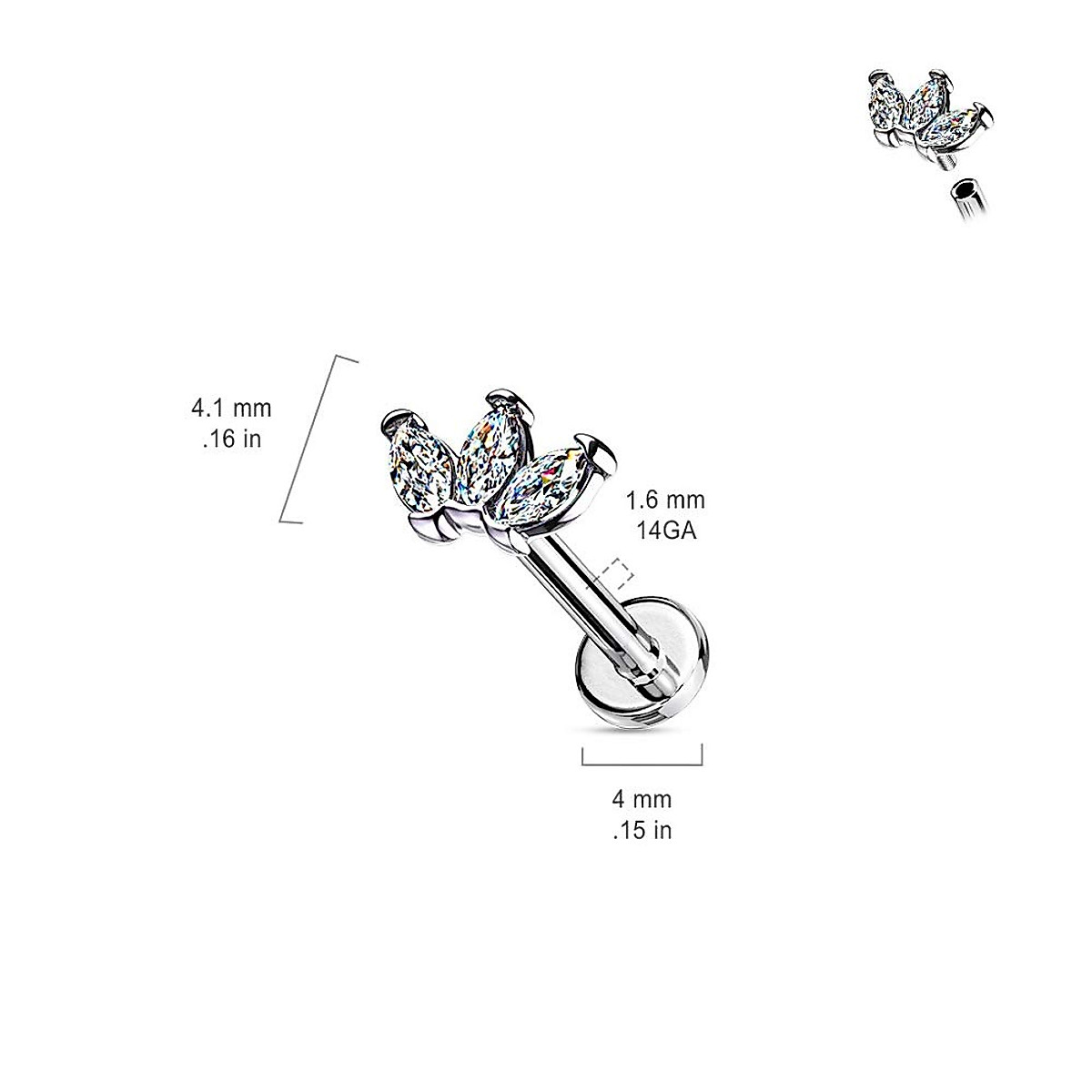 Pierced Owl 16G Stainless Steel Internally Threaded Triple Marquise CZ Crystal Top Flat Back Lip Cartilage Tragus Stud (Gold Tone, 8mm Barbell)