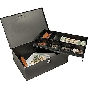 BARSKA 12-Inch Cash Box and 6 Compartment Tray with Key Lock , Black
