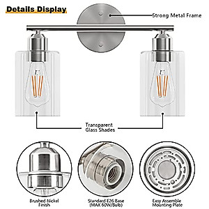 Espird Bathroom Vanity Light Fixtures Brushed Nickel, 2 Light Bathroom Light Fixture Over Mirror, UL Certification Bathroom Light Fixture, Modern Wall Lighting Fixtures with Glass Shade, E26 Socket