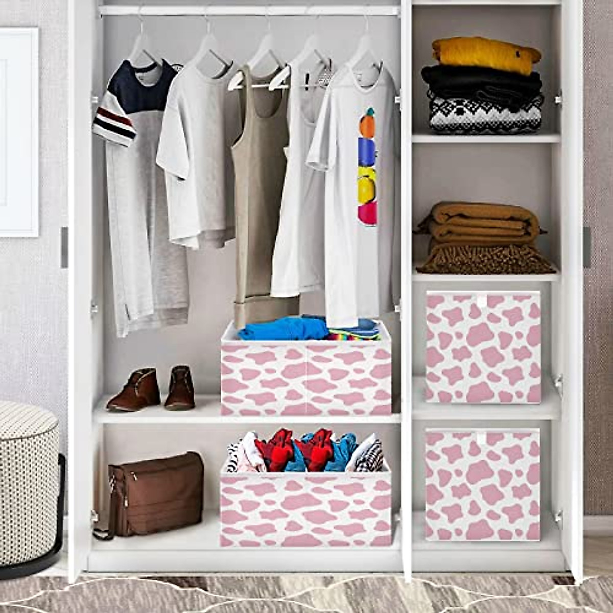 Pink Cow Print Pattern Foldable Cube Storage Bins, 11 x 11 x 11 inches, Fabric Storage Baskets Bins for Nursery,Closet Shelf,Home Organization