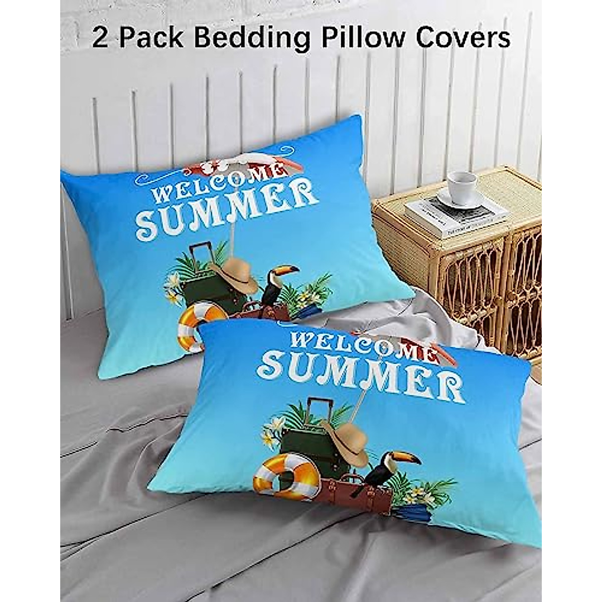 Edwiinsa Welcome Summer Pillow Covers Standard Size Set of 2 20x26 Bed Pillow, Blue Summer Beach Seaside Camping Plush Soft Comfort for Hair/Skin Cooling Pillowcases with Envelop Closure