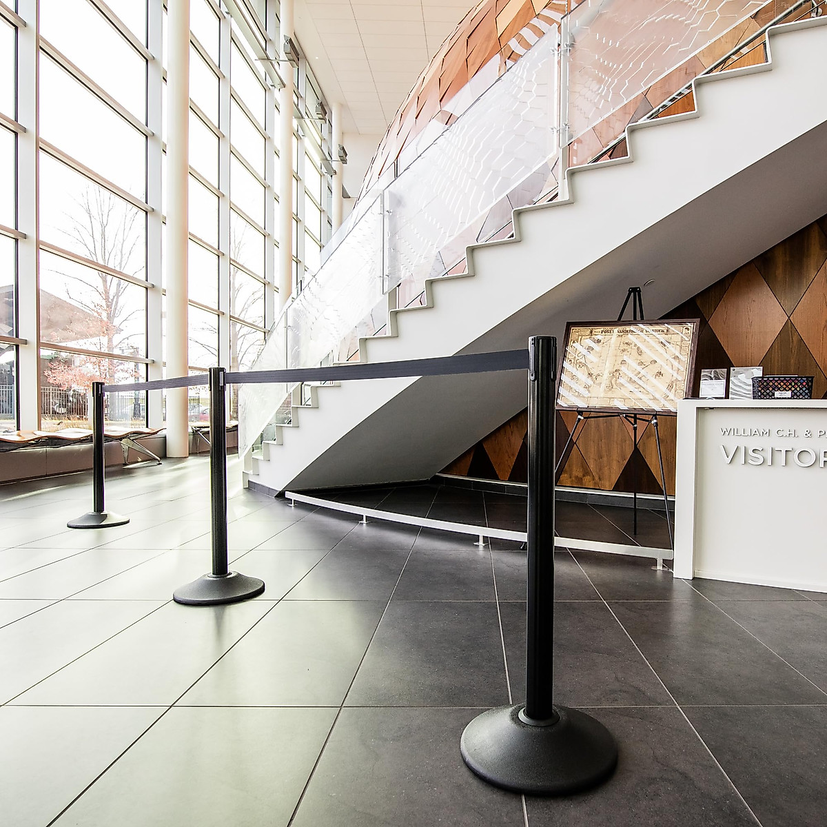 US Weight Black Heavy Duty Premium Steel Stanchion with Black 7.5-Foot Retractable Belt, 2 pack