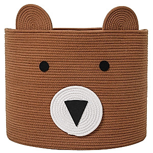 Bear Basket, Animal Basket, Large Cotton Rope Basket, Large Storage Basket, Woven Laundry Hamper, Toy Storage Bin, for Kids Toys Clothes in Bedroom, Baby Nursery, Orange Brown 18"x15"