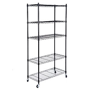 JupiterForce 5-Shelf Adjustable, Heavy Duty Storage Shelving Unit with 4 Wheel Casters, Metal Organizer Wire Rack for Kitchen, Office, Garage, Black (30L x 14W x 62H)