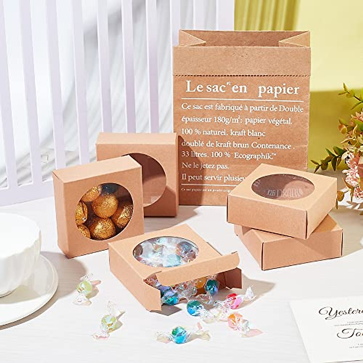 BENECREAT 24 Packs Brown Kraft Square Paper Boxes Gift Wrapping Box with Round Clear Window 3x3x1.2 for Homemade Soap, Wedding Party Favor, Festival Gift Packaging