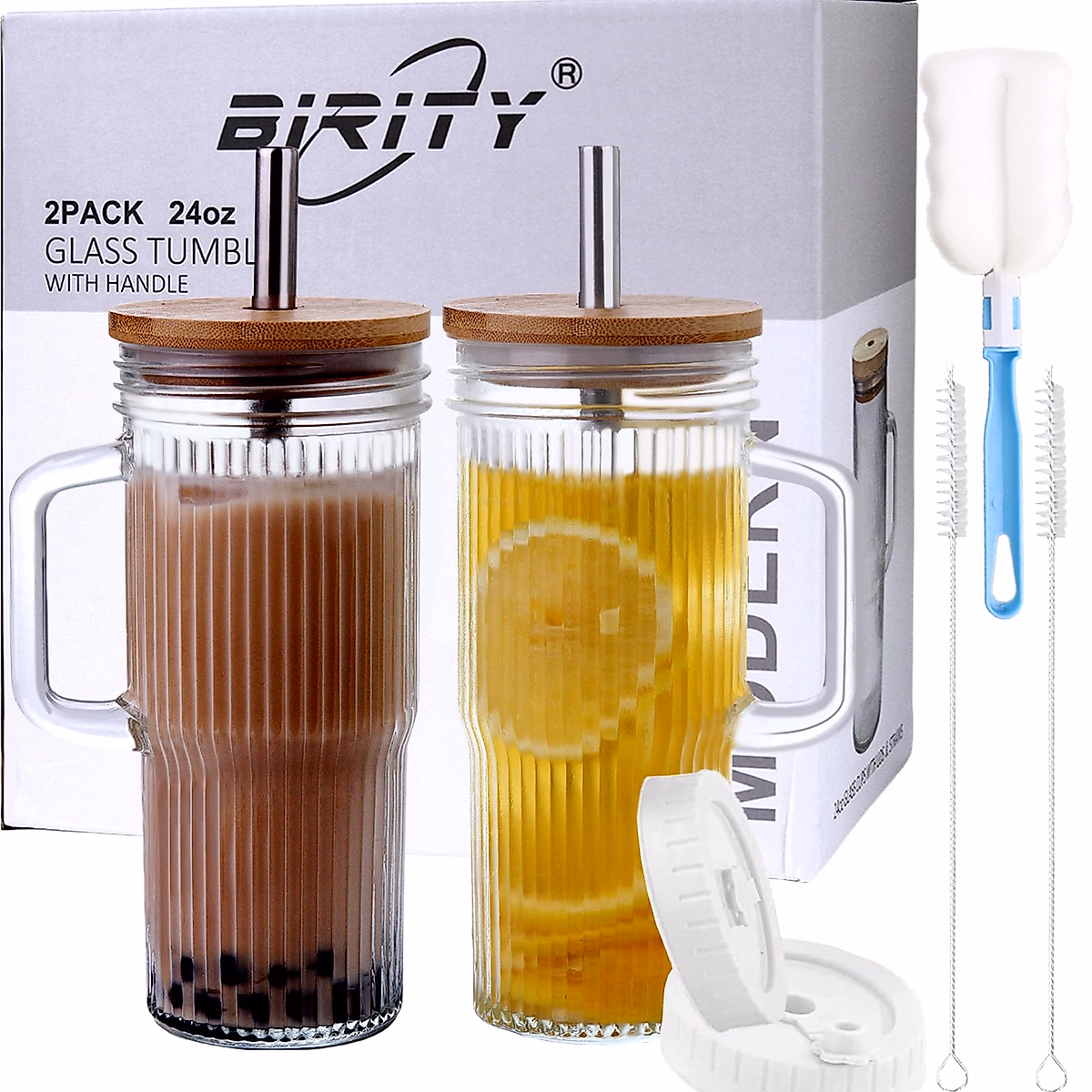 Birity 24oz Ribbed Glass Cup with Lids and Straws,2Pack Glass Tumbler with Handle,Reusable iced Coffee Cups,Wide Mouth Mason jar Cup for Smoothie,Iced Coffee,Fruit Juice,Soda Water,Tea,Travel Mug