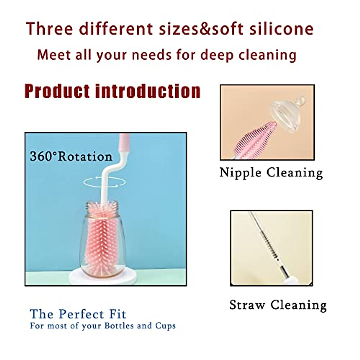 Silicone Bottle Cleaning Brush Set, 360° Rotating Silicone Bottle Cleaning Brush Cleaner Set for Baby Bottles, Sports Bottle, Vase, Glassware, and Smaller Diameter Bottle Openings (Pink)