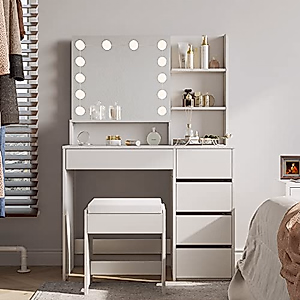 Furnideco 37" W Makeup Vanity with Lights,Vanity Desk with Chair, 5 Drawers Makeup Table with Lighted Mirror, 3 Lighting Colors,for Women Girls, White