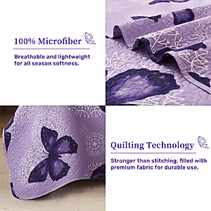 ARTALL 3-Piece Butterfly Printed Quilt Set Soft Microfiber Lightweight Bedspread Coverlet Throw Blanket with 2 Pillow Shams All Season for Adults Teens Girls, Purple, Full/Queen