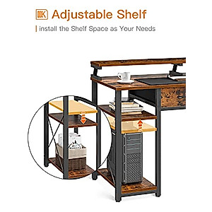 ODK Computer Desk 47" Table: Office Desk with Cloth Drawers & Wood Storage Shelves, Home Work Writing Desk & Large Space Monitor Stand, Rustic Brown
