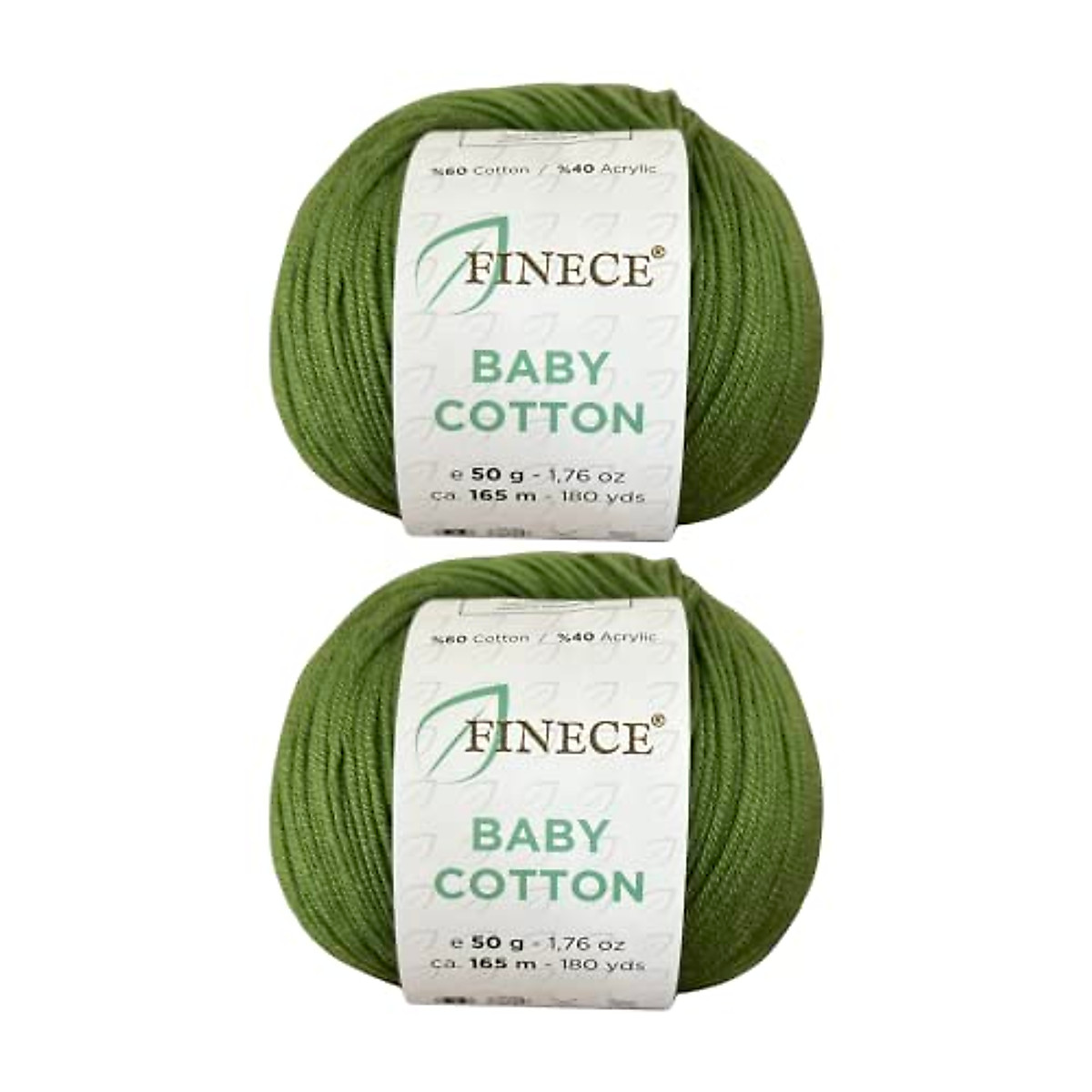 FINECE Baby Cotton, 60% Cotton 40% Acrylic Yarn, Fine (2) for Crochet and Knitting 2 x 1.76 Oz (2 x 50g) / 2 x 180 Yrds (2 x 165m), Soft Yarn, Amigurumi Yarn (2 Skeins, 3049 - Green)