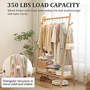 KASLANDI Solid Wood Clothes Rack, Clothing Rack with Shelf and Hook, Sturdy and Portable, Garment Rack for Hanging Clothes,Coats,Skirts,Shoes,Bags,Easy to Assemble (Natural)