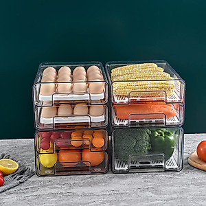 Qielie Food Storage Containers Pantry Organizer with Lids, Removable Drain Tray Fruit Vegetables Storage Rack Clear Fridge Storage Stackable Meal Fresh Keeper Bins