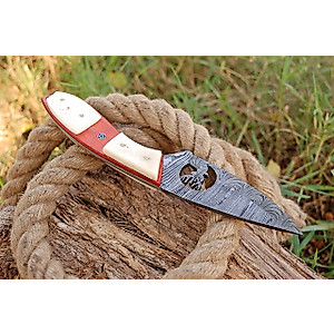 TMBrands Damascus Hunting Knife, Fixed Blade Knife, Camping Knife & Gift Knives with Rose Wood & Bone Handle & Leather Knife Sheath
