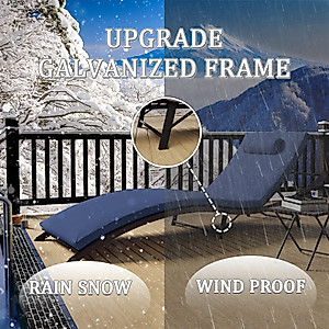 Kullavik Lounge Chair for Outside,3 Pieces Chaise Lounge Outdoor Folding Pool Lounge Chairs including Table Rattan Patio Furniture Set,Dark Blue