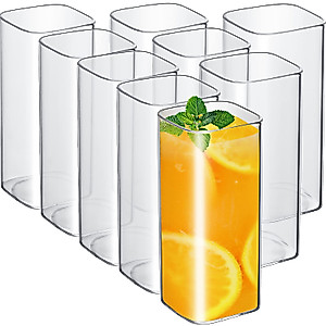 9 Pack 13 oz Clear Drinking Glasses Square Highball Thin Glass Cups Tumbler Set Elegant Bar Modern Glassware for Water Coffee Mixed Drinks Cocktail Wine Beer Juice Iced Tea Kitchen Party Home