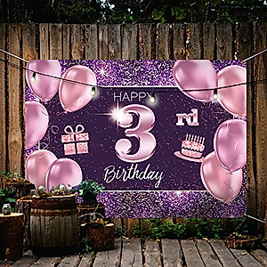 PAKBOOM Happy 3rd Birthday Banner Backdrop - 3 Birthday Party Decoration Supplies for Girl - Pink Purple Gold 4 x 6ft