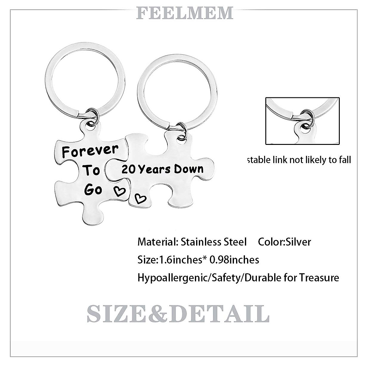 FEELMEM Couples Gifts 5th, 50th Years Down Forever to Go Puzzle Keychain Set of Two Wedding Anniversary Present (20th AV)