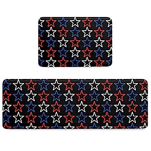 Libaoge Kitchen Mat Rug Set of 2 Independence Day White Red Blue Star Runner Rug Anti-Fatigue Comfort Memory Foam Standing Mat Non-Slip Floor Door Mat for Bathroom 18x30in+18x60in