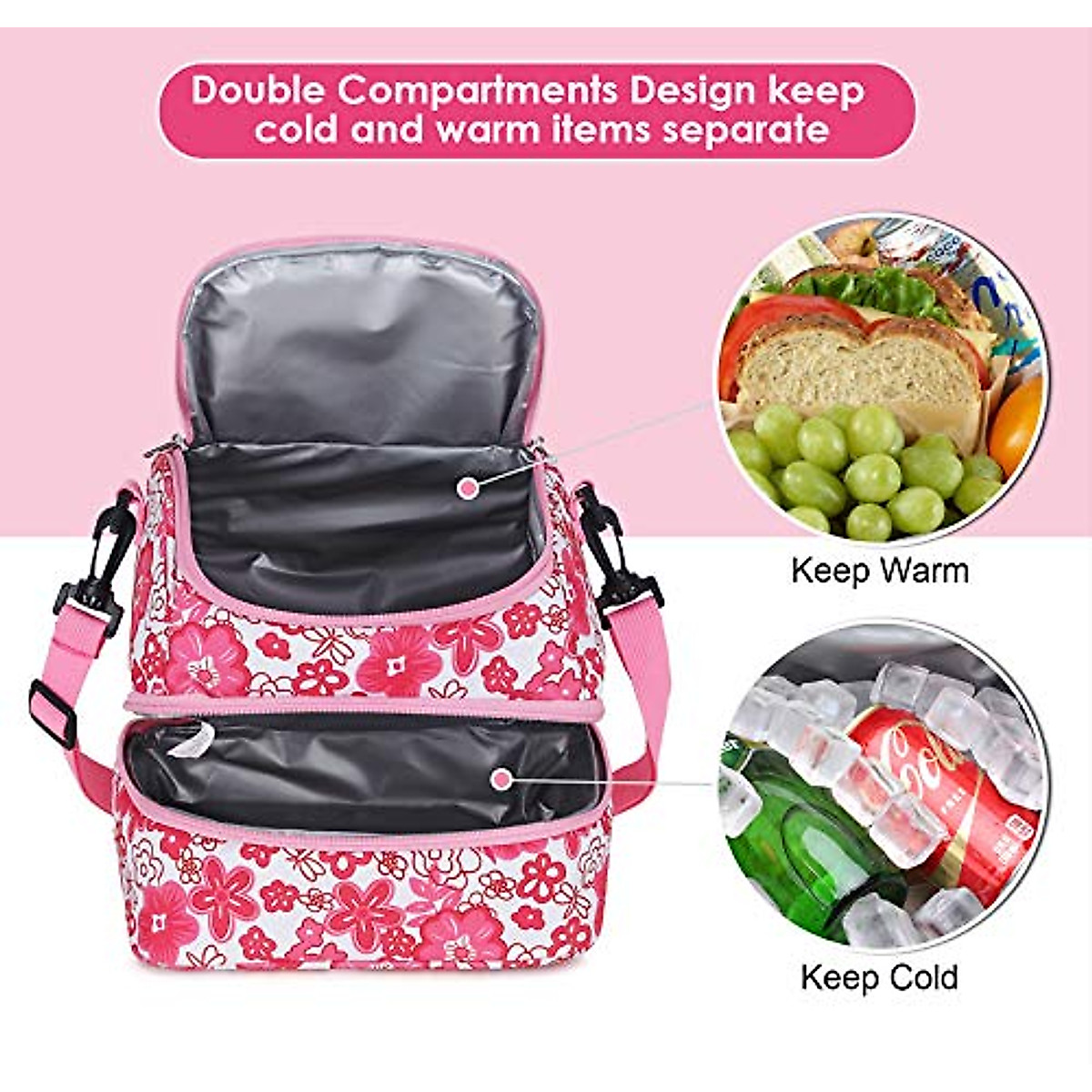 MIER 2 Compartment Kids Small Lunch Box Bag for Boys Girls Toddlers, Adult Leakproof Cooler Insulated Lunch Tote with Shoulder Strap (Pink Flower)