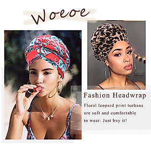 Woeoe African Turban Leopard Print Stretch Headwear Print Pattern Head Scarf Elastic Beanie Cap Head Wrap for Women and Girls(2 Pieces)