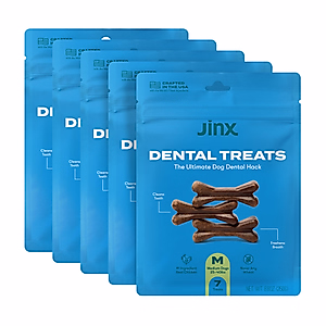 Jinx Dental Chews for Medium Dogs, All Natural, Deep-grooved for Teeth Cleaning & Tartar Control, Peppermint Oil for Fresh Breath, 8.8oz, 5 Pack