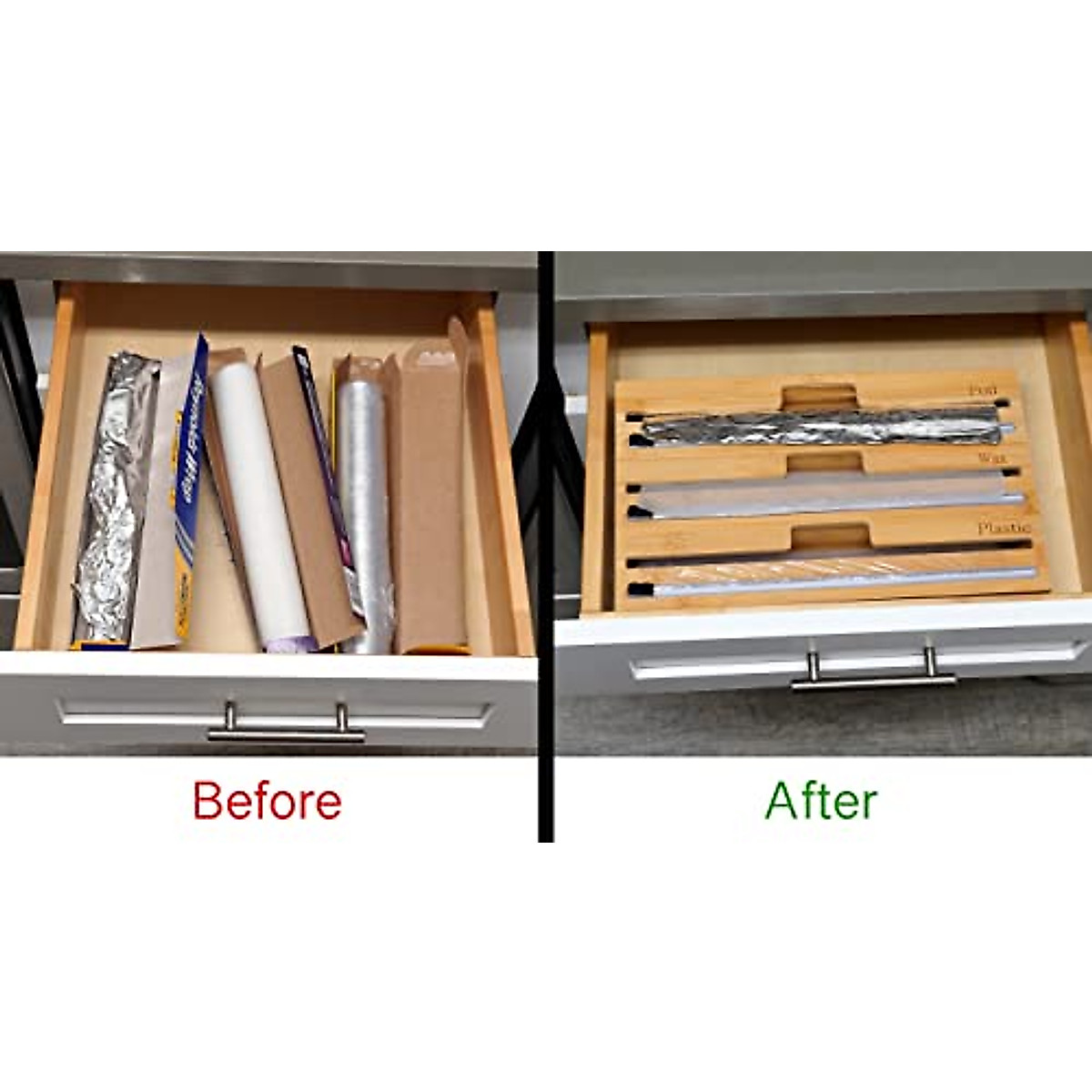 Food Wrap Organizer For Kitchen Cabinets - 3-in-1 Dispenser With Cutters For Plastic Wrap, Aluminum Foil and Wax Paper - Bamboo Organizer With Magnetic Drawer - Fits 12” Rolls