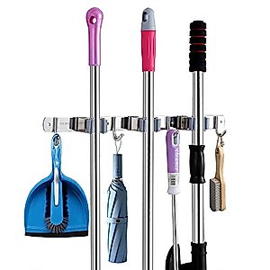 VOSIGREEN Broom & Mop Holder, Wall Mount Organizer Hanger for Rakes, Utensils, Tools - 3 Racks, 4 Hooks - 17” Self Adhesive or Drillable Installation - For Kitchen, Garage, Garden, Office, Closet