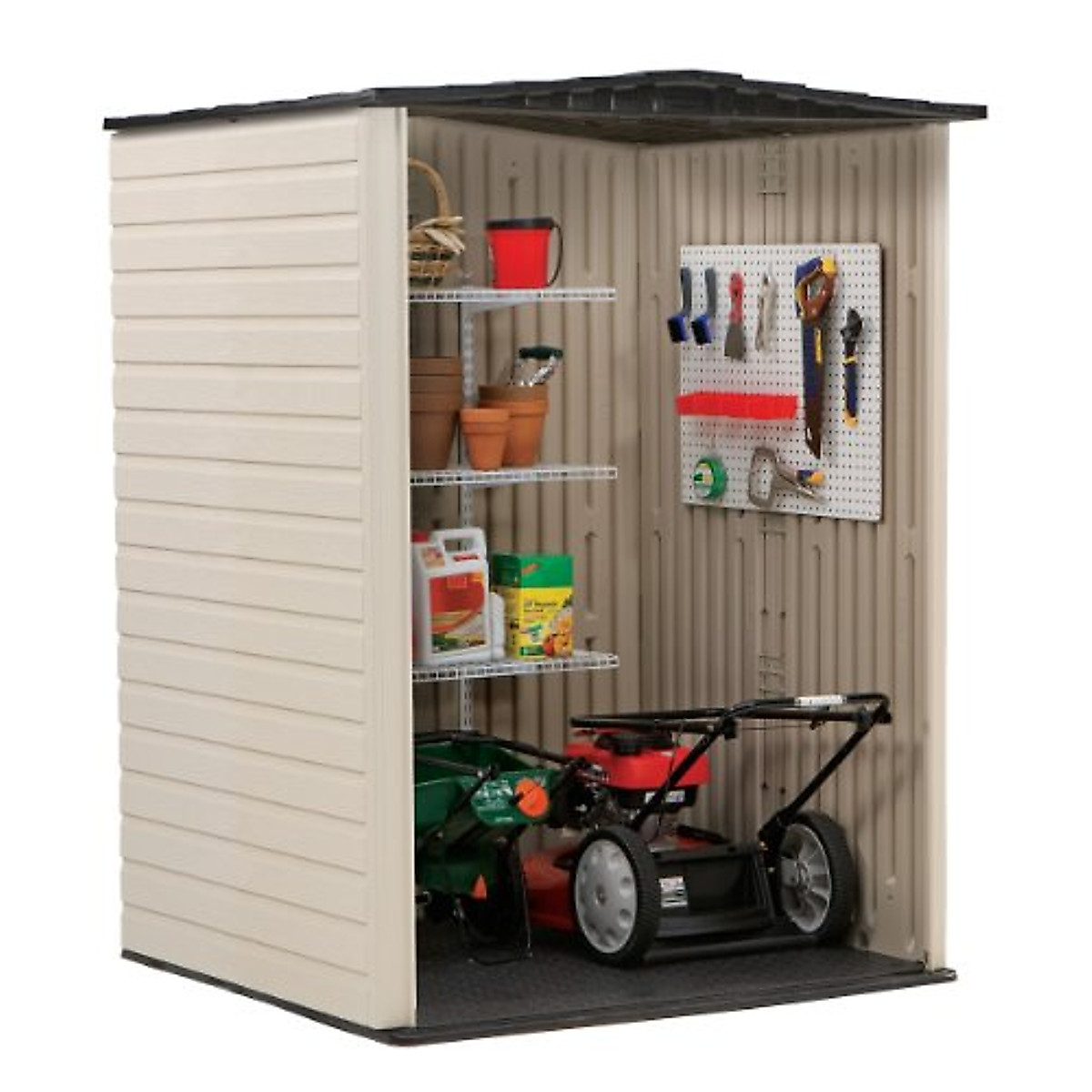 Rubbermaid Medium Vertical Resin Weather Resistant Outdoor Garden Storage Shed, 5x4 Feet, Sandstone & Corner Tool Rack, Tool Organizer, Broom Holder and Garden Tool Organizer