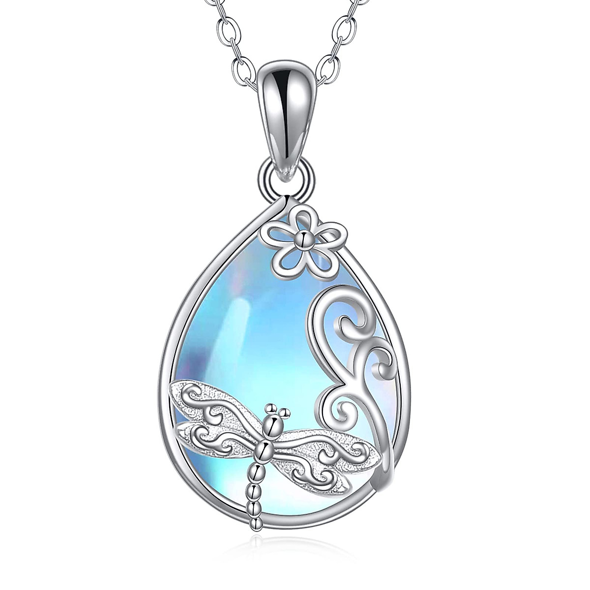 DAYLINLOVE Dragonfly Necklace 925 Sterling Silver Dragonfly Moonstone Pendant Necklace Celtic Knot Dragonfly Jewelry Gifts for Women
