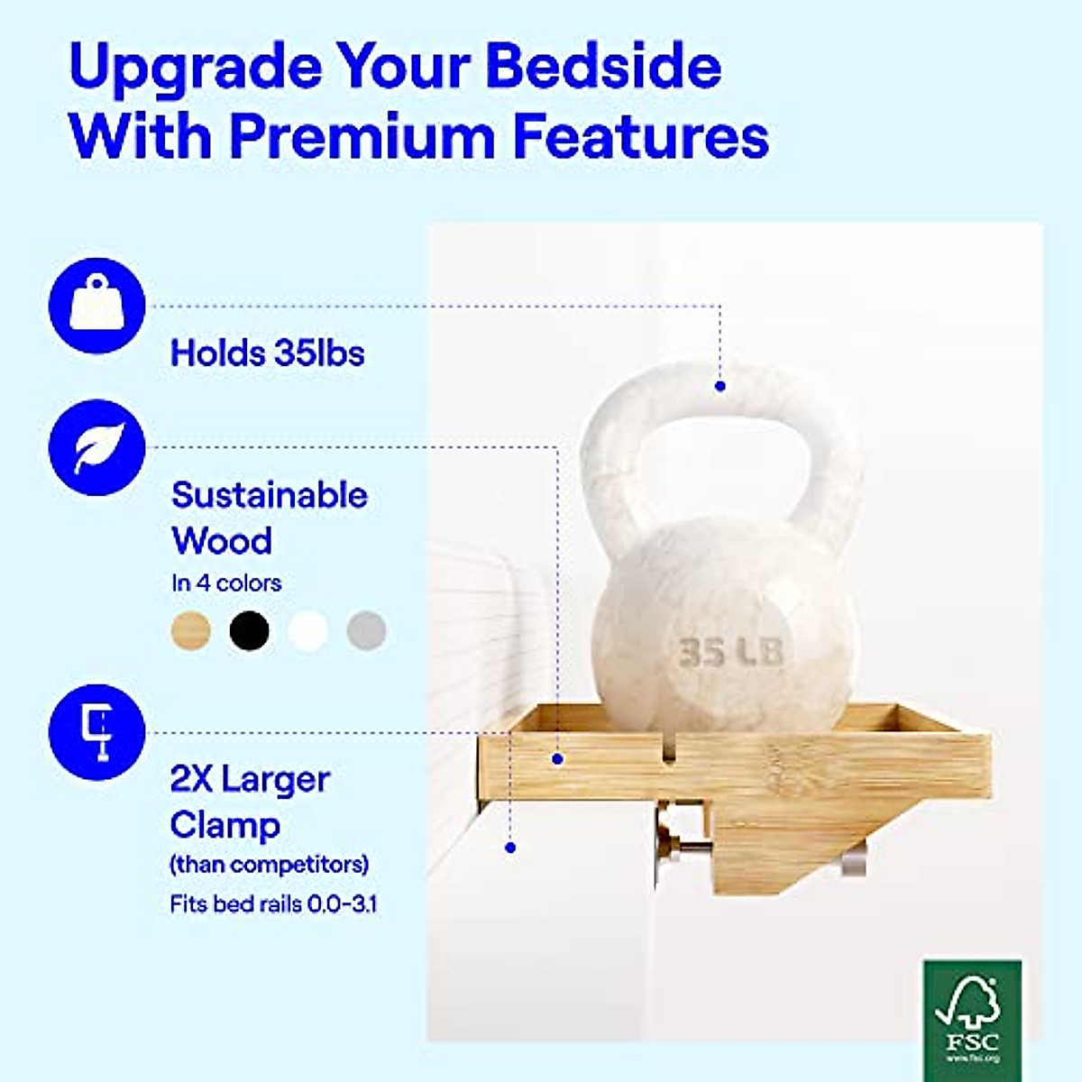 BedShelfie Bedside Shelf for Bunk Bed & Top Bunk, College Dorm Room Essentials, Loft Bed Accessories, Clip On Nightstand Snack Organizer, Bed Side Table Tray Shelfie Storage - Original Natural Wood