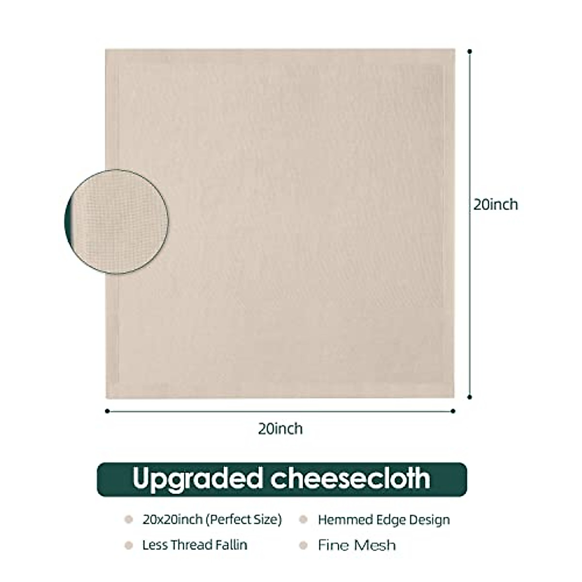 6 PCS 20x20 Inch Hemmed Cheesecloth, Grade 100, 100% Unbleached Cotton Fabric Ultra Fine Reusable Muslin Cloth for Straining, Cooking, Baking, Home