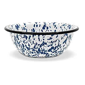 Red Co. Set of 4 Enamelware Metal Classic 20 oz Round Cereal Bowl, Navy Blue Marble/Black Rim - Splatter Design